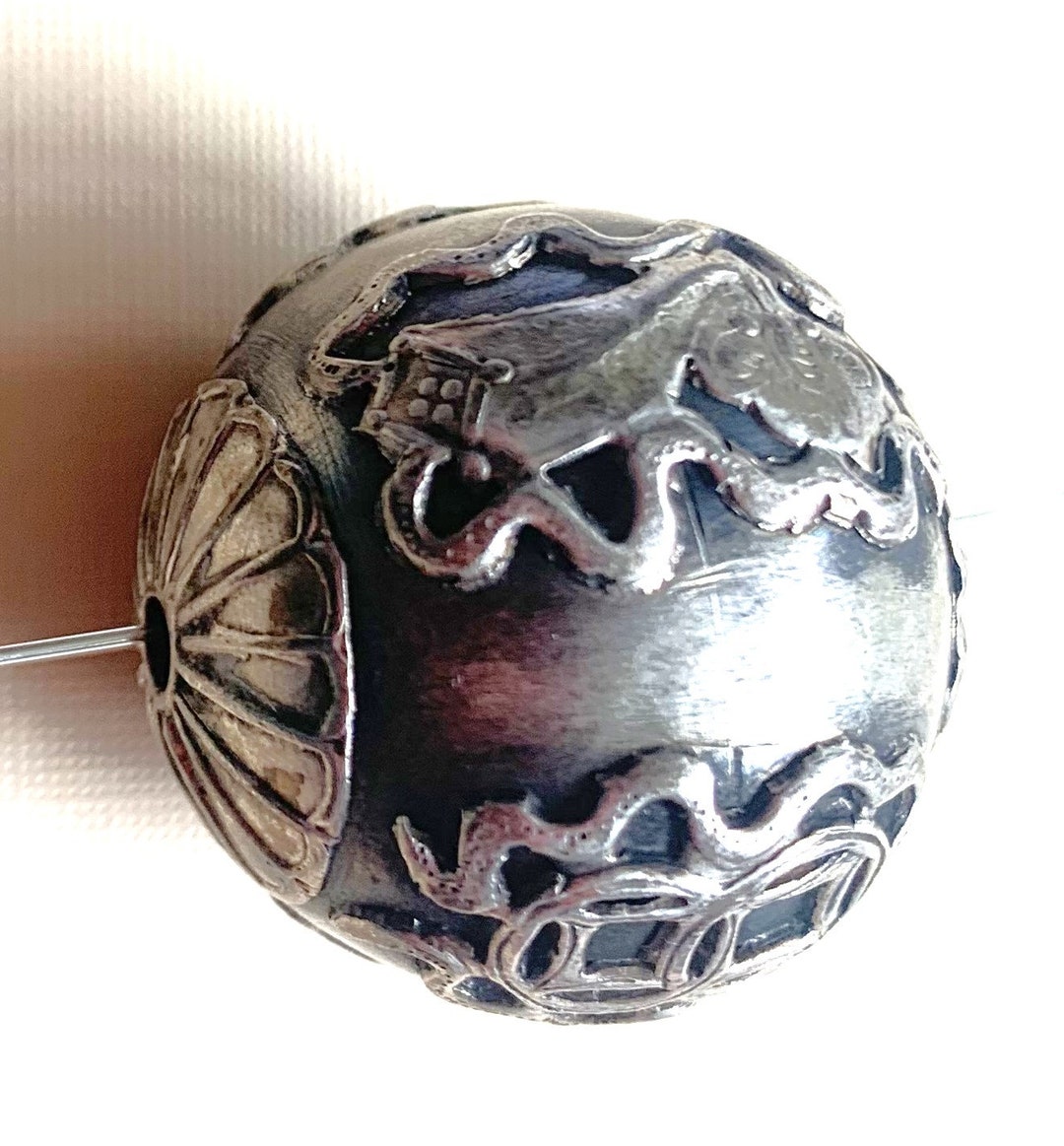 Vintage Chinese Silver 25mm Coin Bead , Intricate Prosperity Carving ...