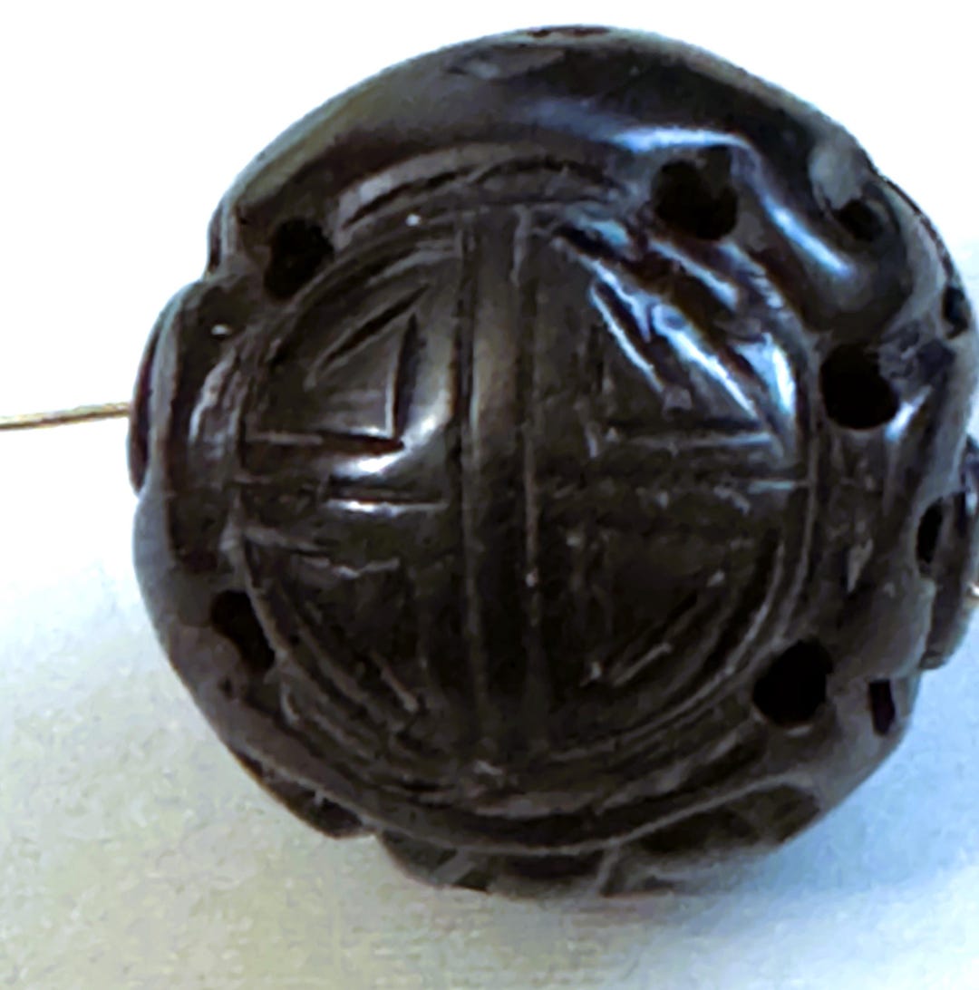 Rare Find Vintage Chinese 24mm Shou Jet Black Carved ROUND Bead, Old ...