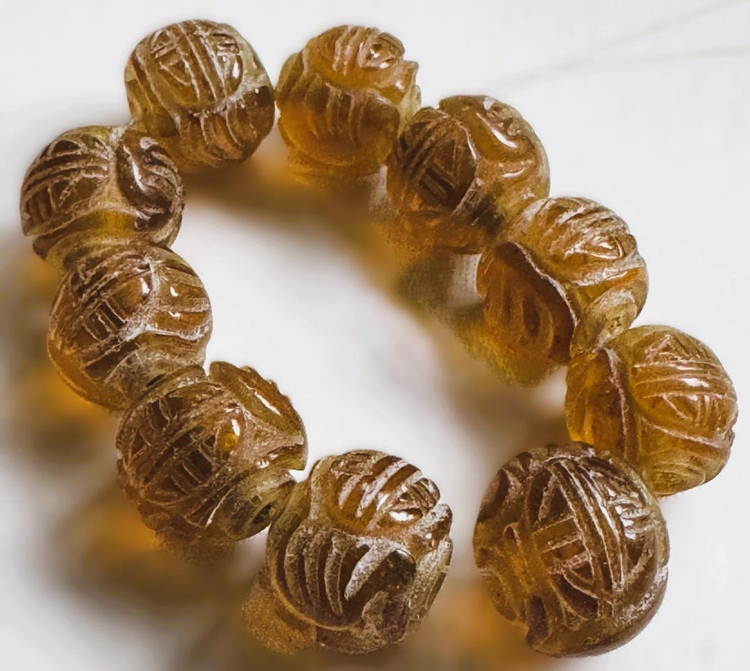 Vintage Peking Glass Beads, Chinese Dragon Shou Carved Honey Beads ...