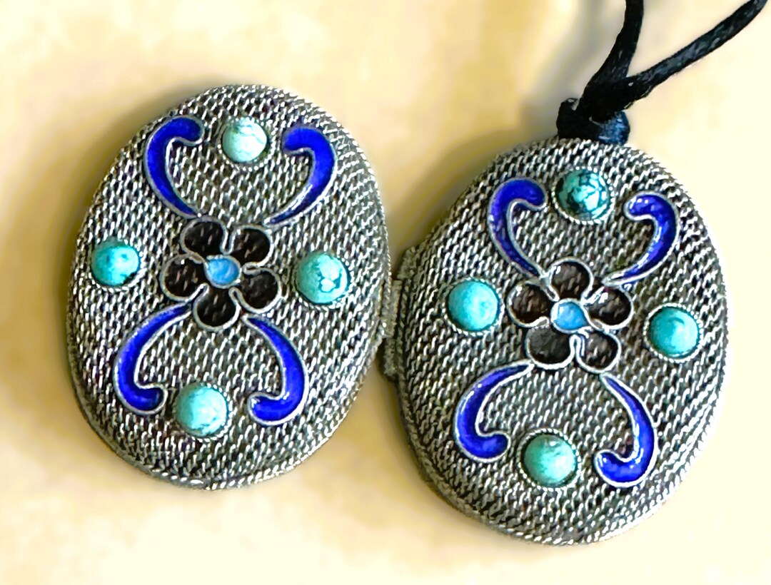 Vintage Chinese Export Locket Pendant, Turquoise Enamel, Two-sided - Etsy