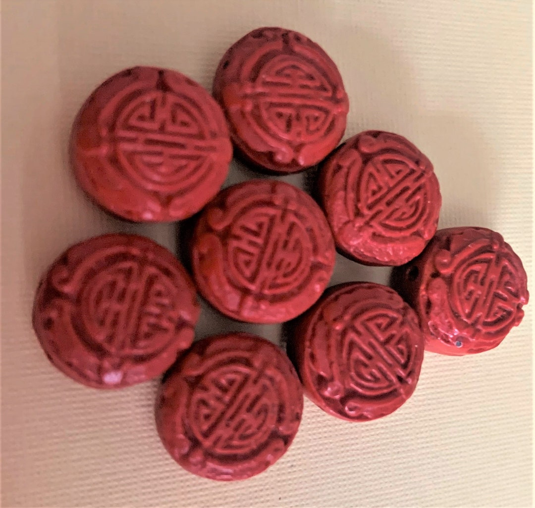 8 Vintage Chinese Shou Cinnabar Carved 12mm Antique Vintage Chinese ...