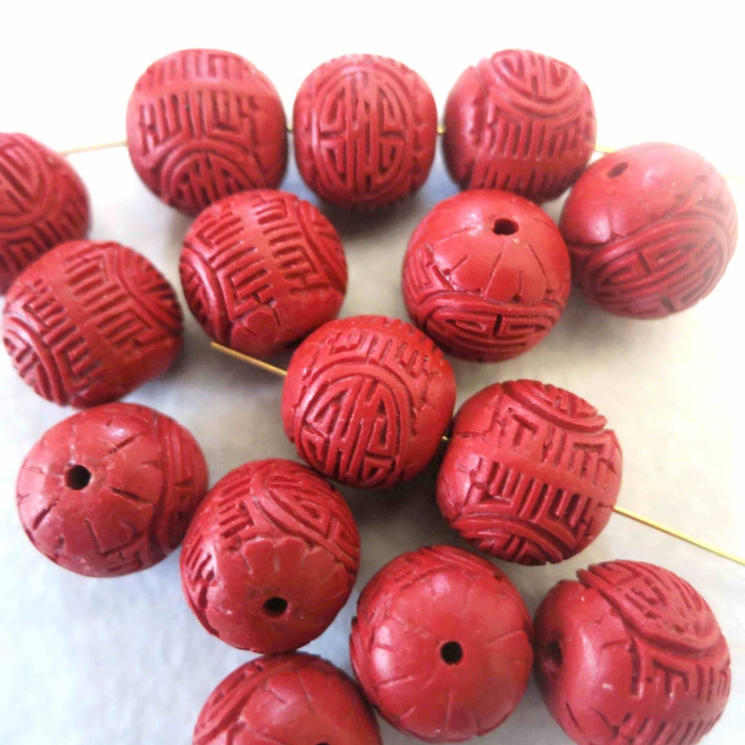 15 Vintage Chiness Shou Cinnabar Carved Beads, 11mm Longevity Red ...