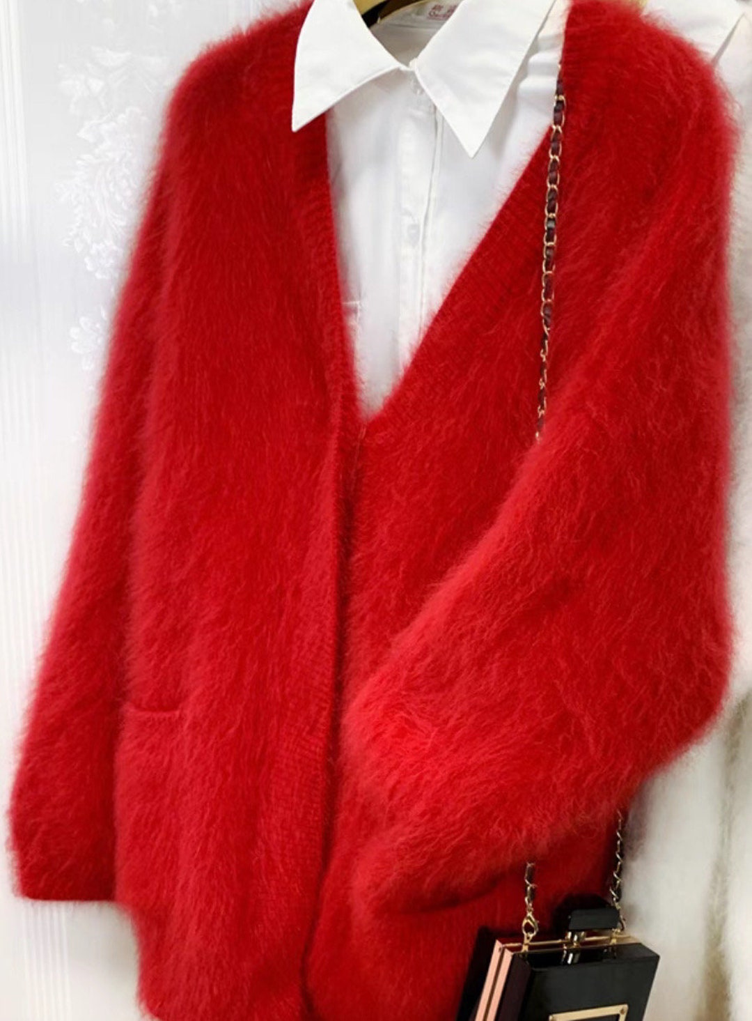 Angora Cardigan Women, Oversized Handmade Knit, Fluffy Red Sweater ...