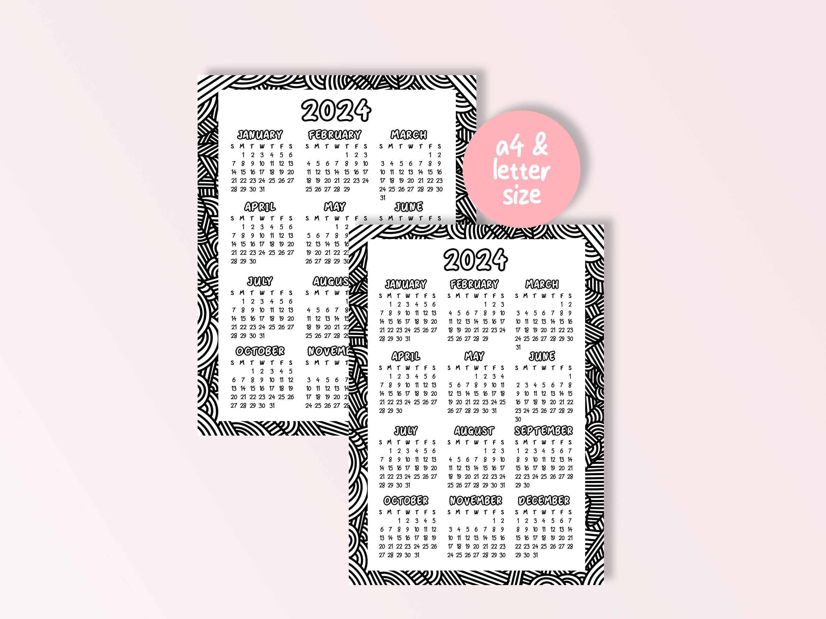 Printable Coloring Calendar, 2024 Calendar, Digital Download PDF ...