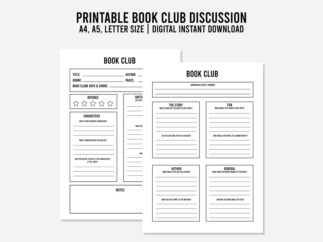 Printable Book Club Discussion Book Review Book Club - Etsy