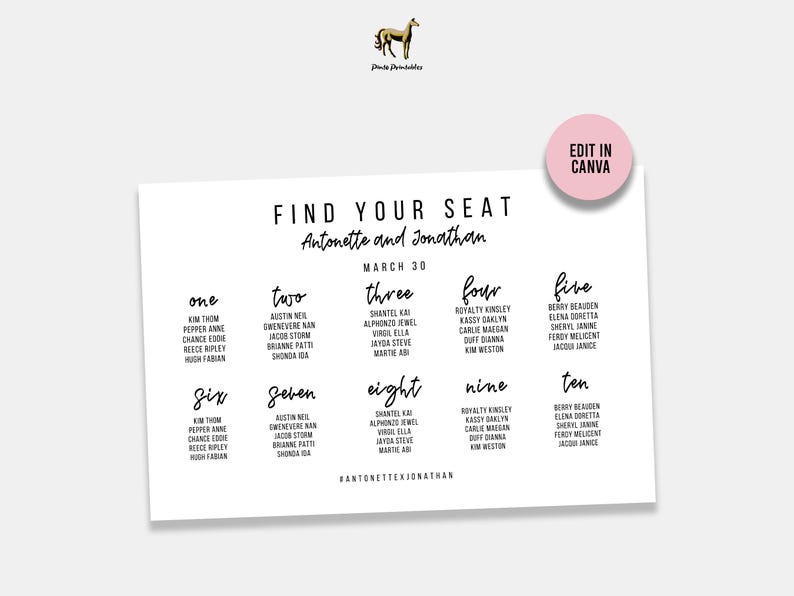 Wedding Guest Seating Template, Editable Table Seating Chart Board ...