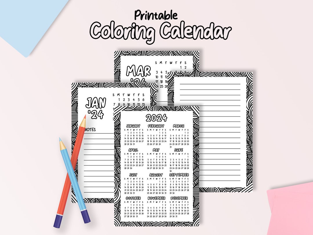 Printable Coloring Calendar, 2024 Calendar, Digital Download PDF ...