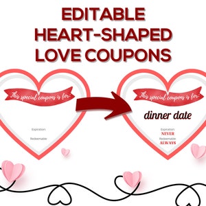 Heart-shaped Love Coupons, Valentines Day Coupons, Valentines Day Gift ...