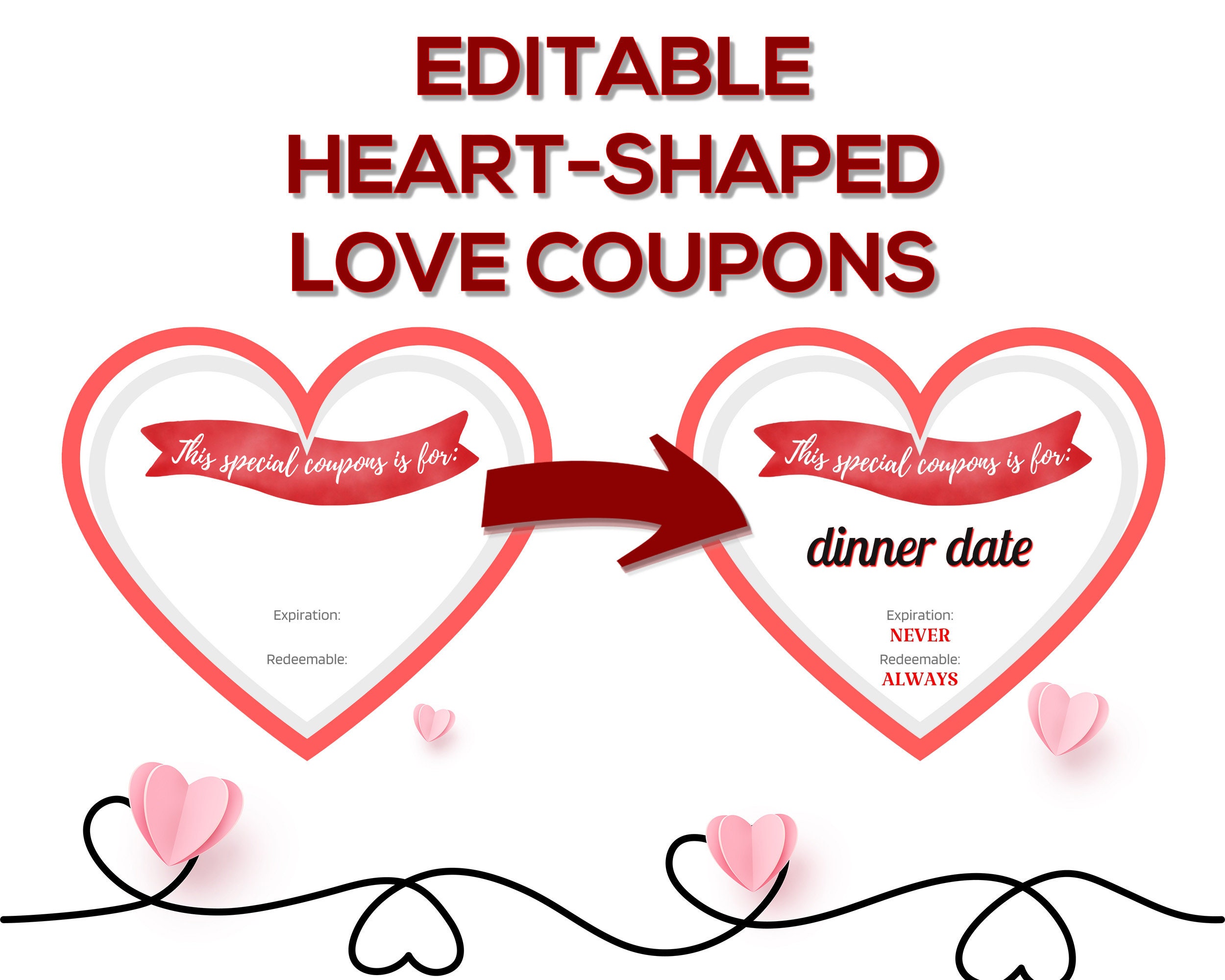 Heart-shaped Love Coupons, Valentines Day Coupons, Valentines Day Gift ...