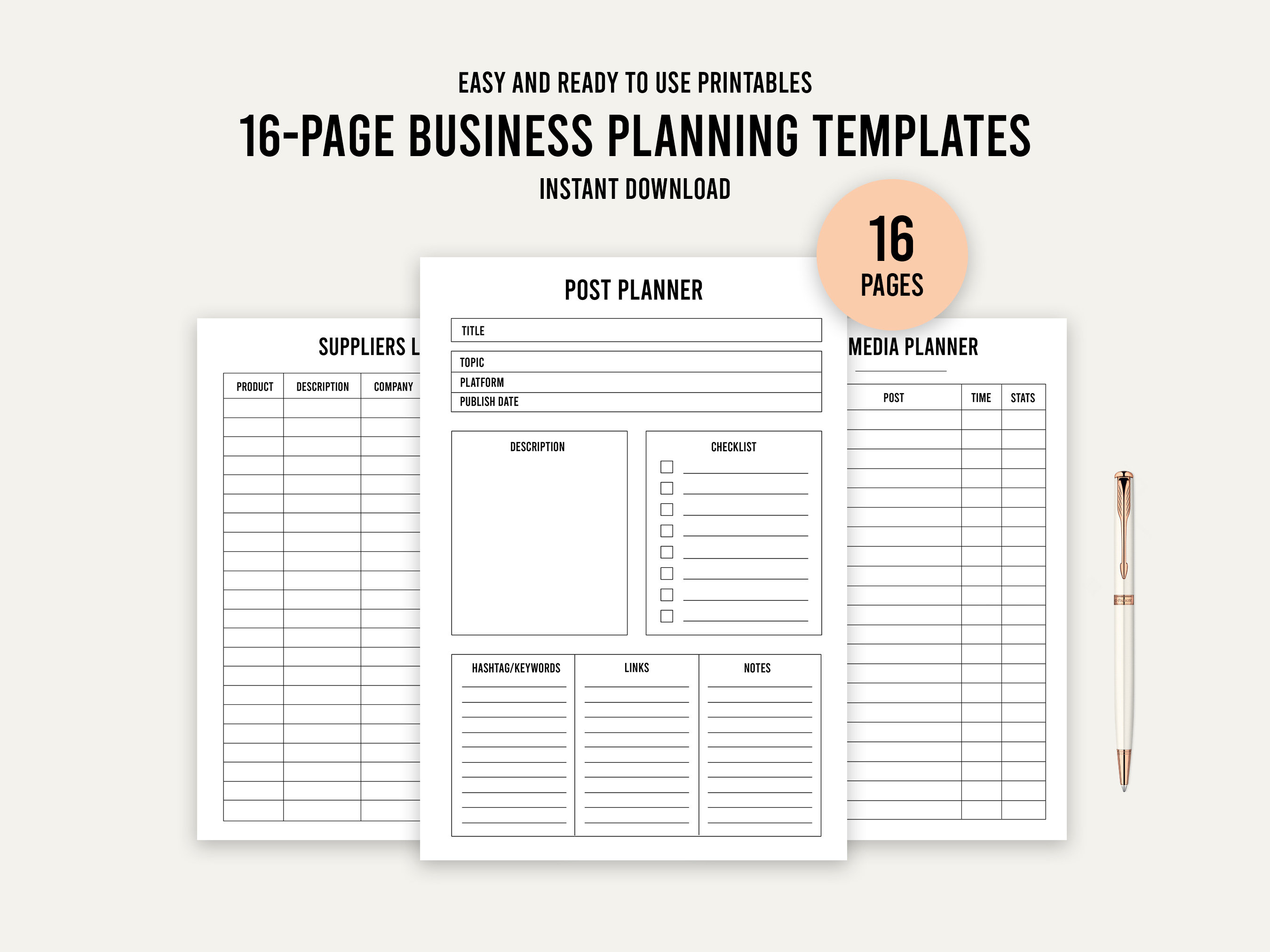 16-page Printable Business Planning Templates, Sales Tracker, Business ...