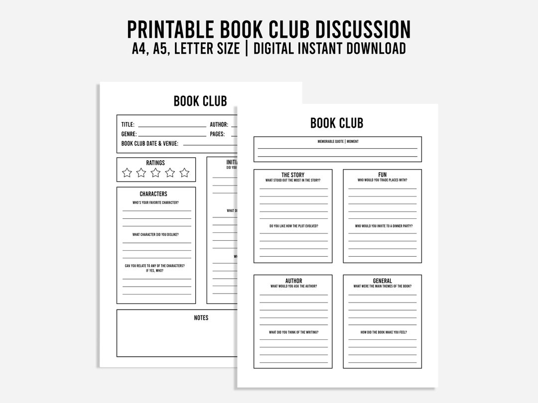 Printable Book Club Discussion, Book Review, Book Club Printables ...