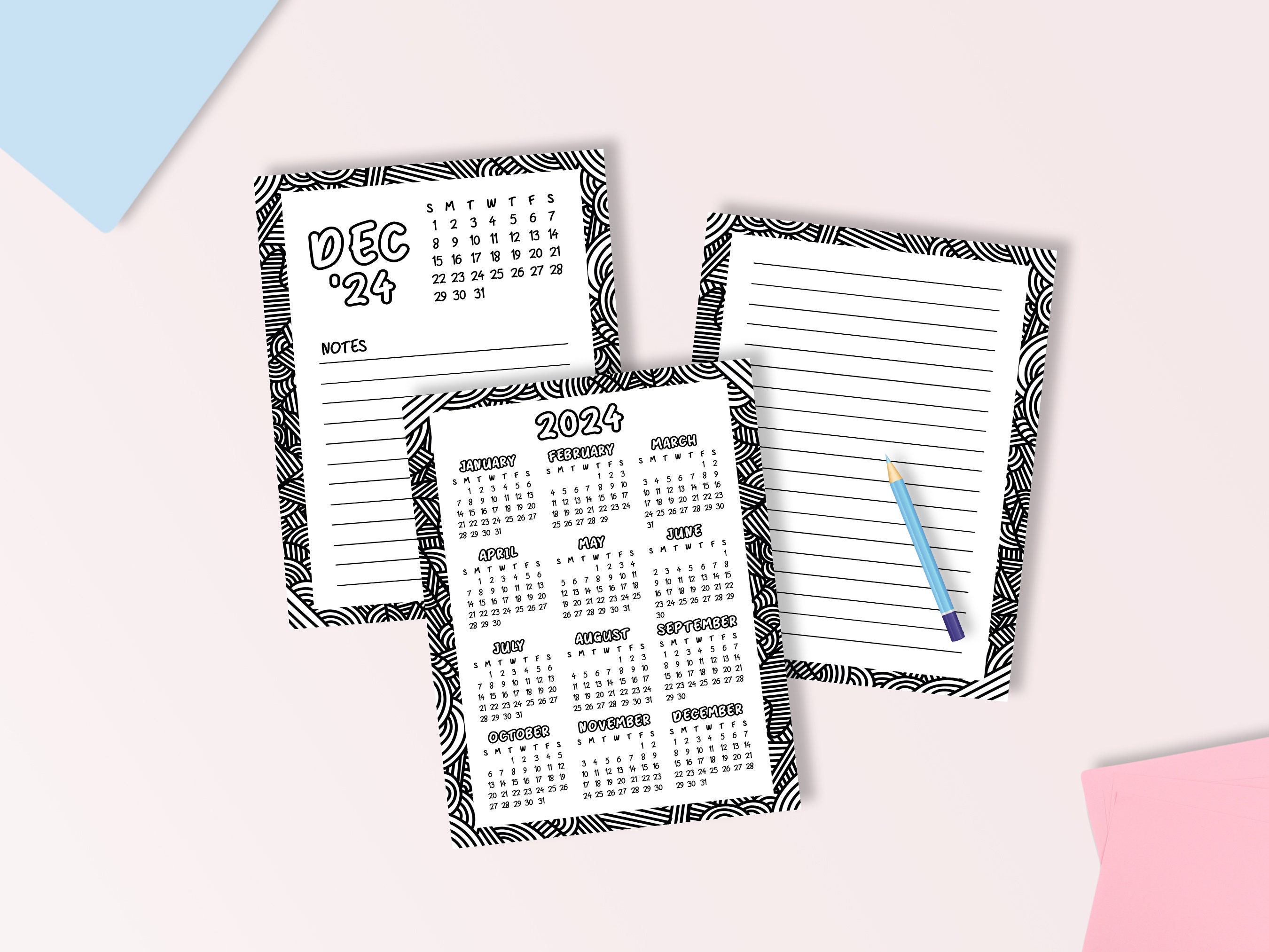 Printable Coloring Calendar, 2024 Calendar, Digital Download PDF ...