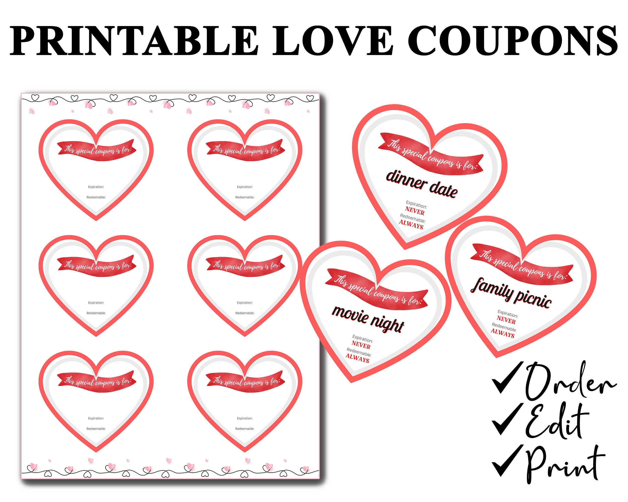 Heart-shaped Love Coupons, Valentines Day Coupons, Valentines Day Gift ...
