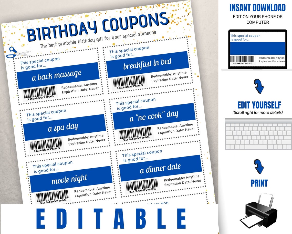 Editable Birthday Coupons, Printable Birthday Gift, Birthday Coupons ...