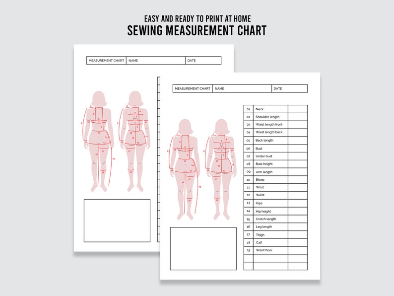 Sewing Measurement Chart, Body Size Chart, Sewing Worksheet, Instant ...