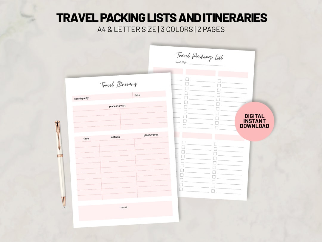 Printable Travel Packing List and Itineraries, Travel Planner, Vacation ...
