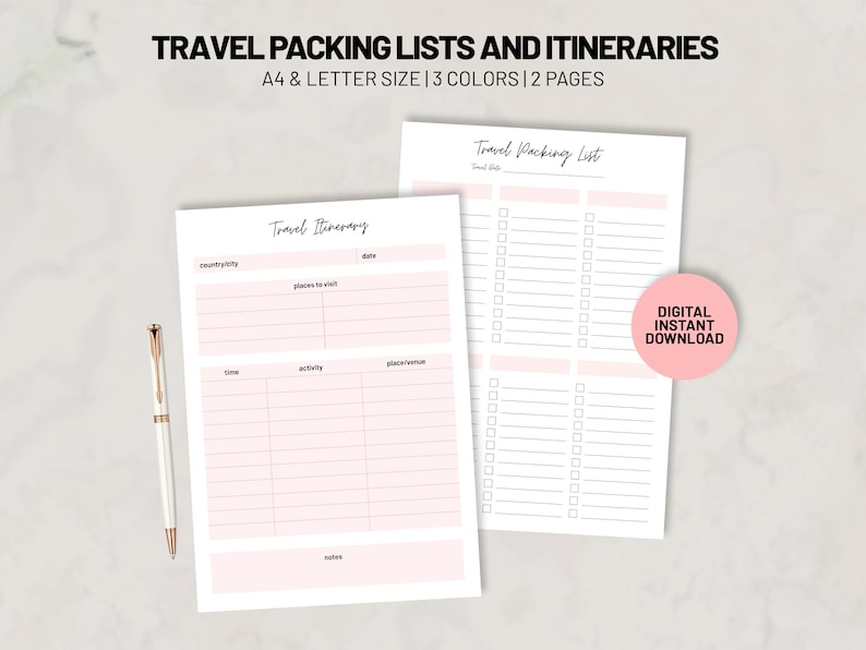 Printable Travel Packing List and Itineraries, Travel Planner, Vacation ...