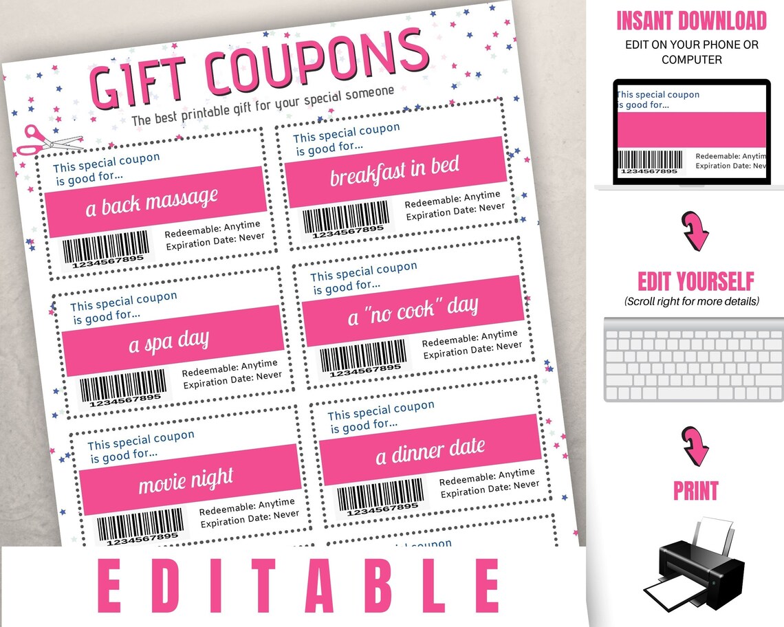 Editable Gift Coupons Printable Gift Gift Coupons PDF - Etsy