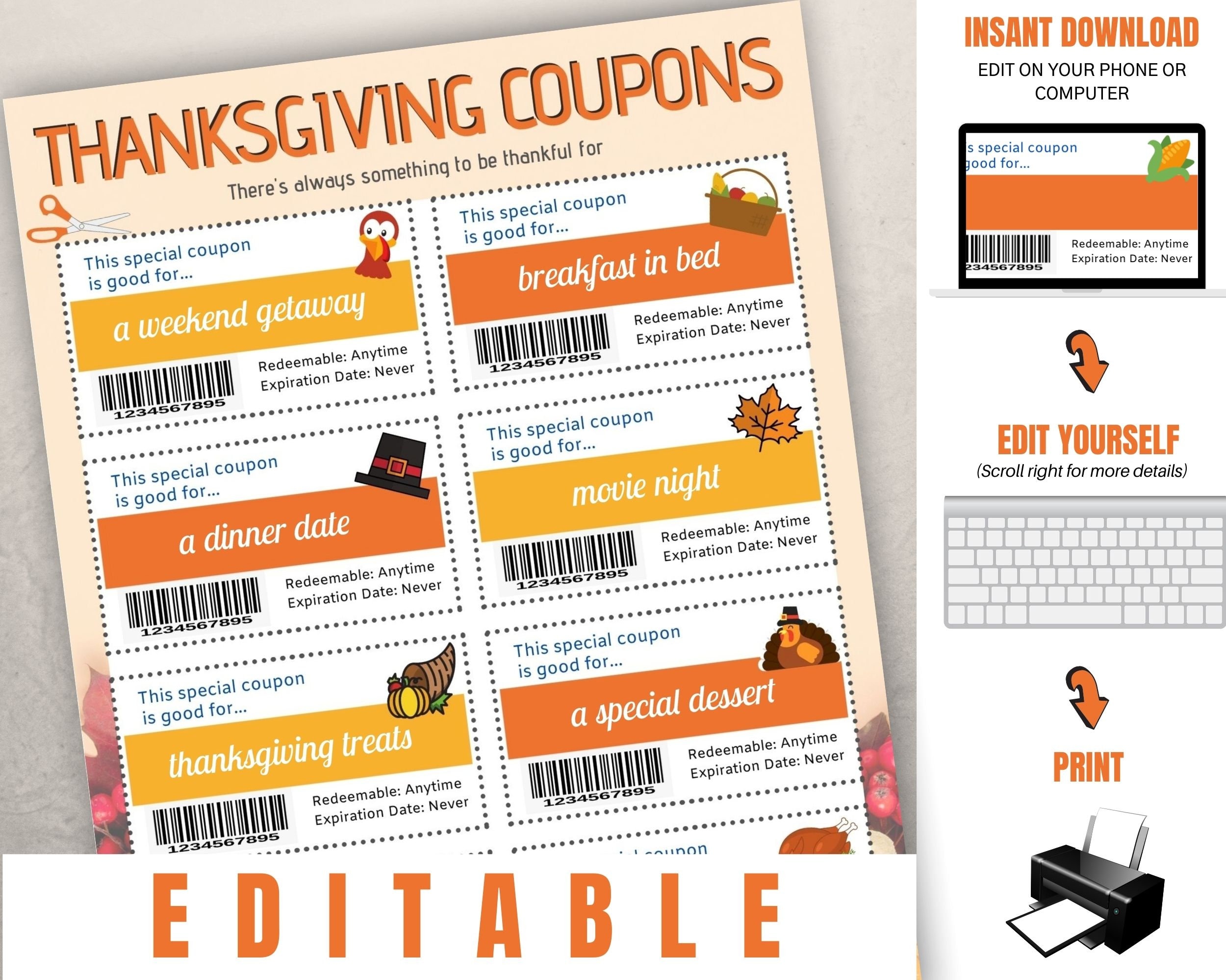 Editable Thanksgiving Coupons, Thanksgiving Gift Coupons, Thanksgiving ...