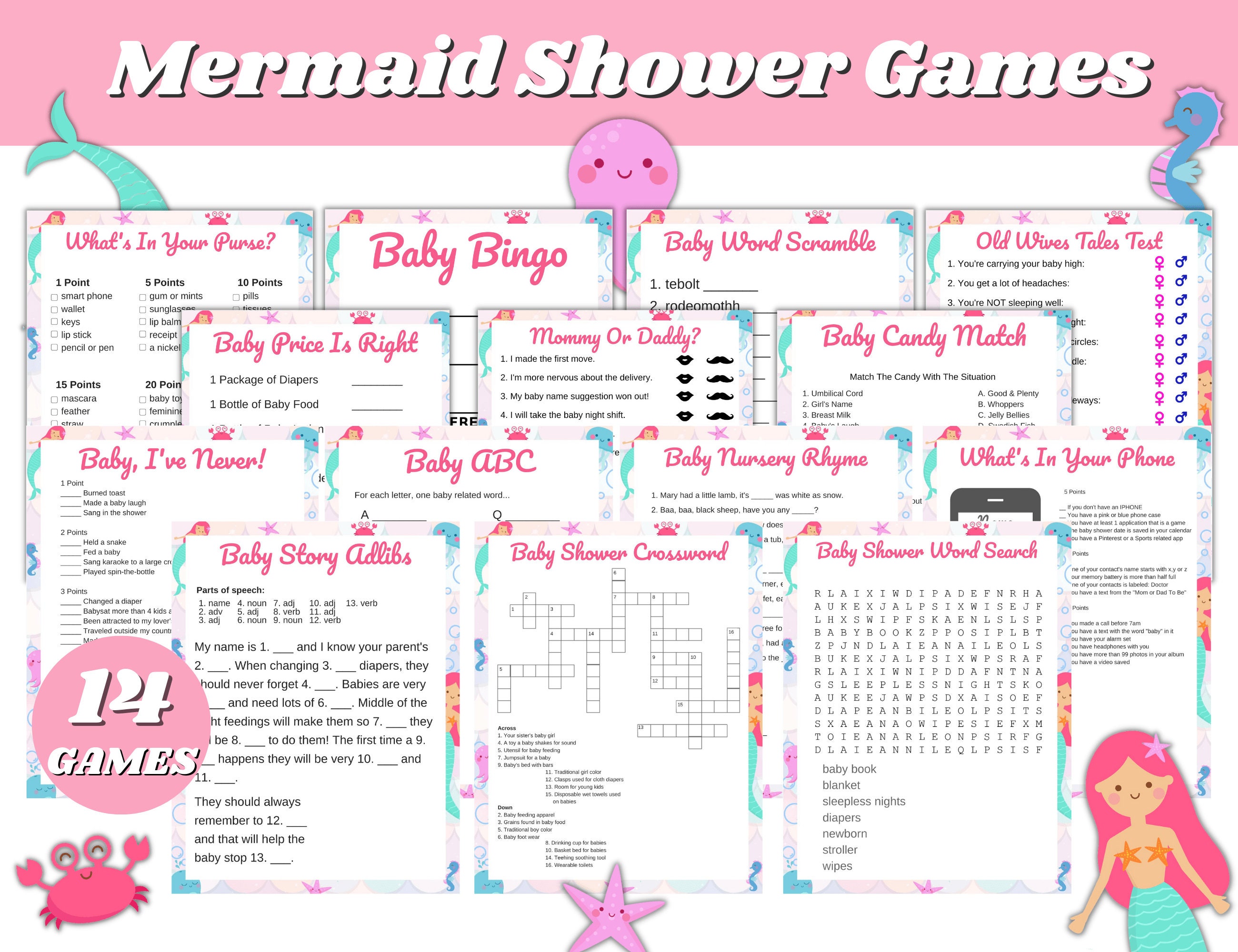 Mermaid Baby Shower Games, Baby Shower Printable Games, PDF Download - Etsy