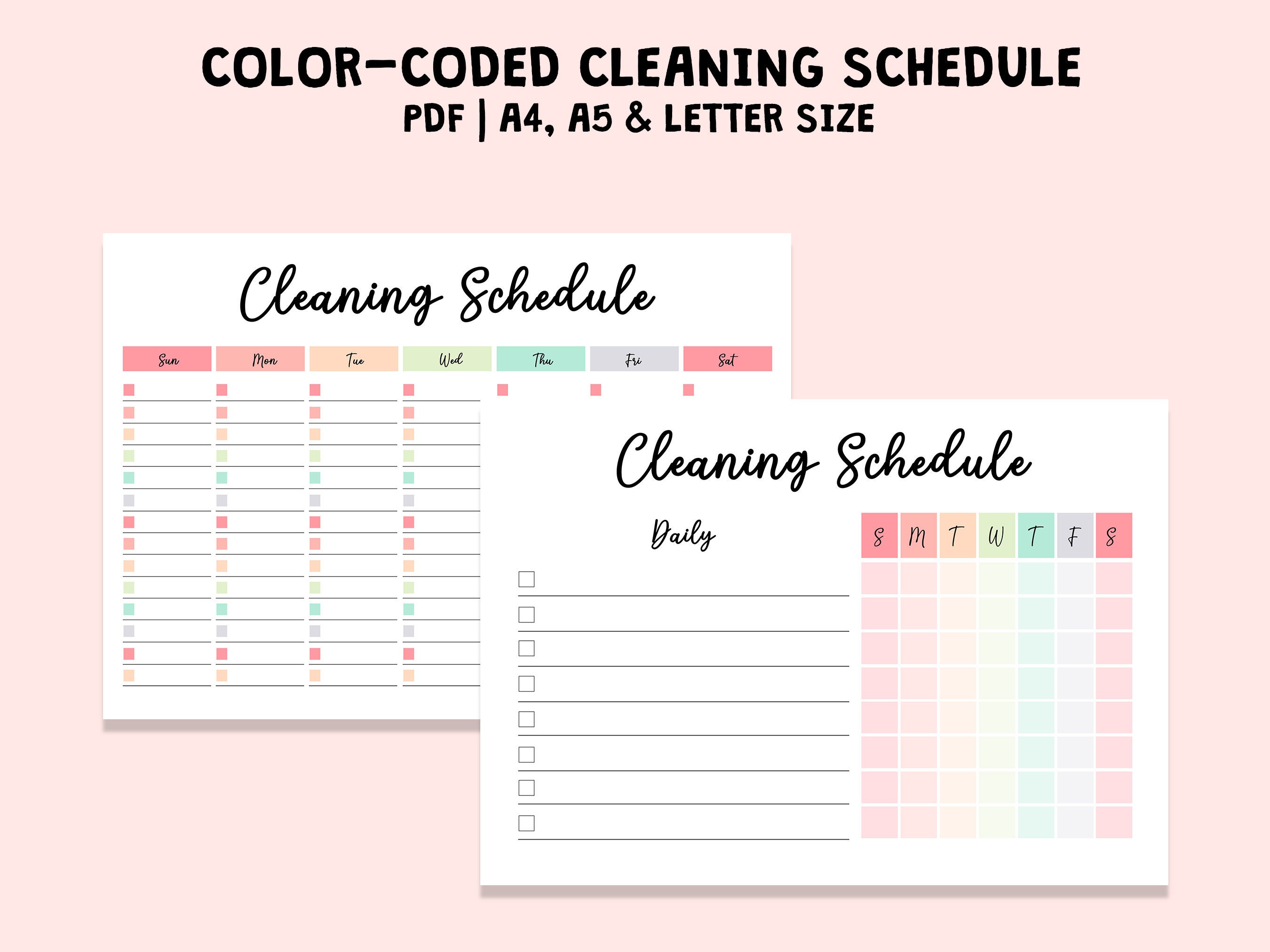 Color-coded Daily & Weekly Cleaning Schedule, Cleaning Checklist ...