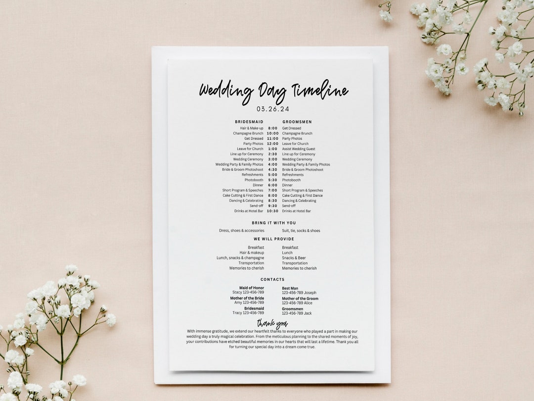 Wedding Day Timeline Schedules, Wedding Itinerary Template, Printable ...