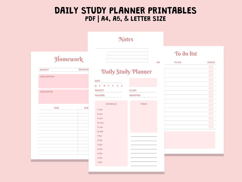Daily Study Planner Printable, College Planner, Digital Homework ...