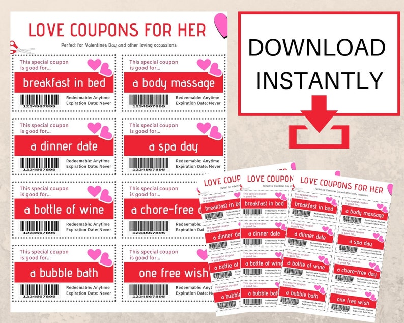 Love Coupons for Her, Valentines Day Coupons, Printable Love Coupons ...
