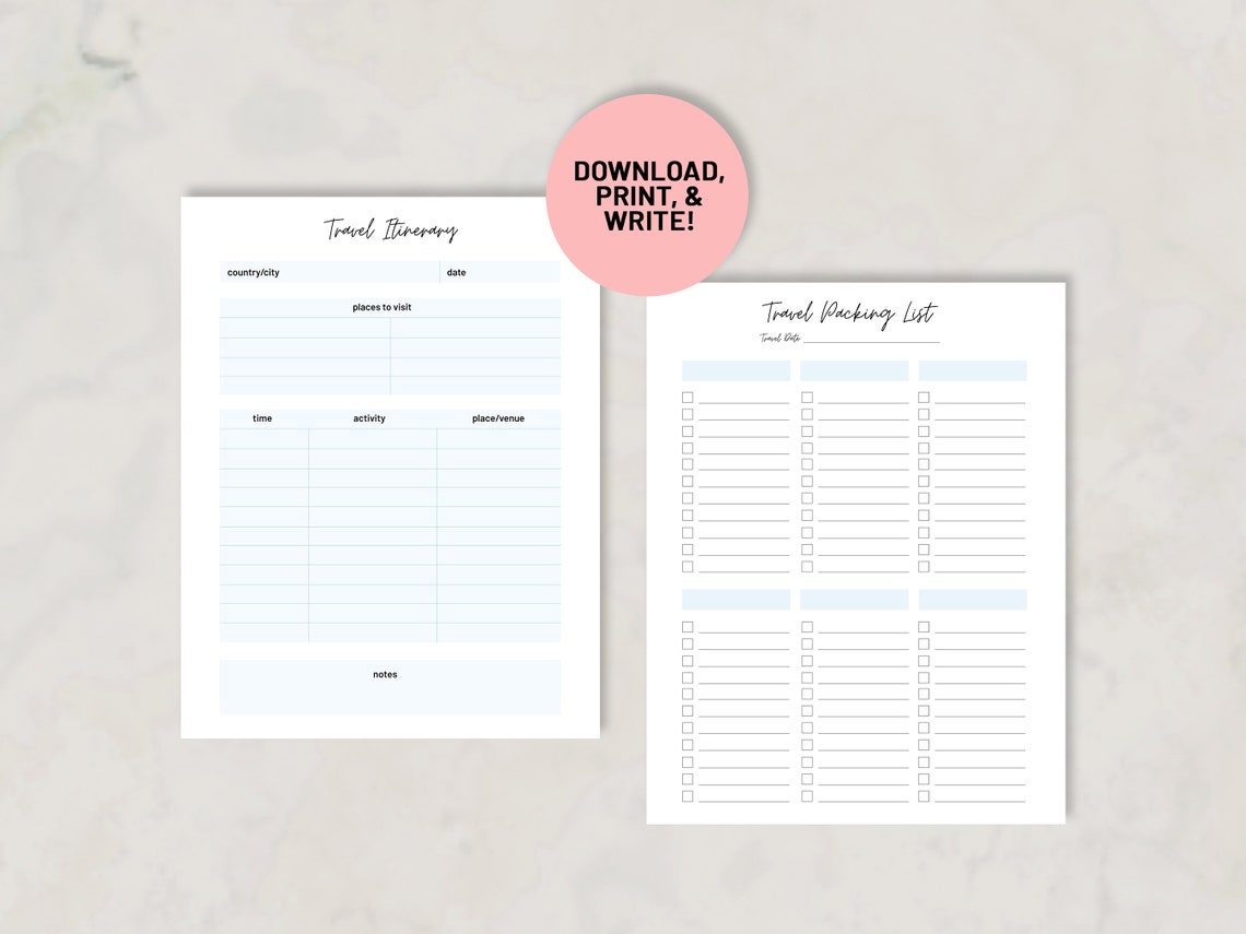 Printable Travel Packing List and Itineraries, Travel Planner, Vacation ...