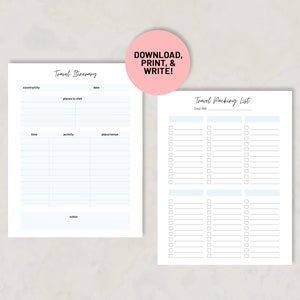 Printable Travel Packing List and Itineraries, Travel Planner, Vacation ...
