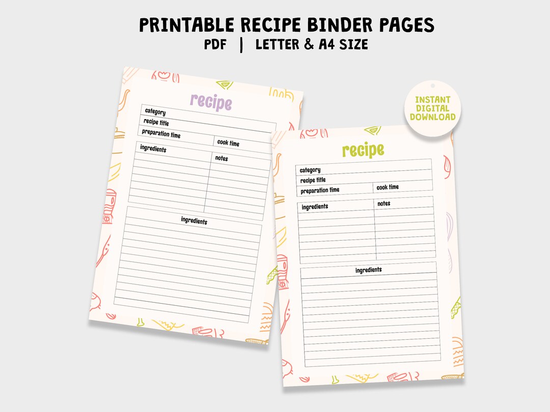 Printable Recipe Binder Pages, Recipe Book Template, Printable Recipe ...