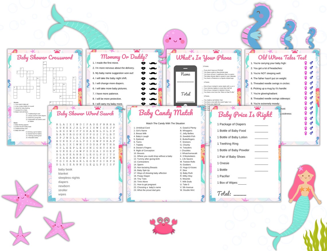 Mermaid Baby Shower Games, Baby Shower Printable Games, PDF Download - Etsy