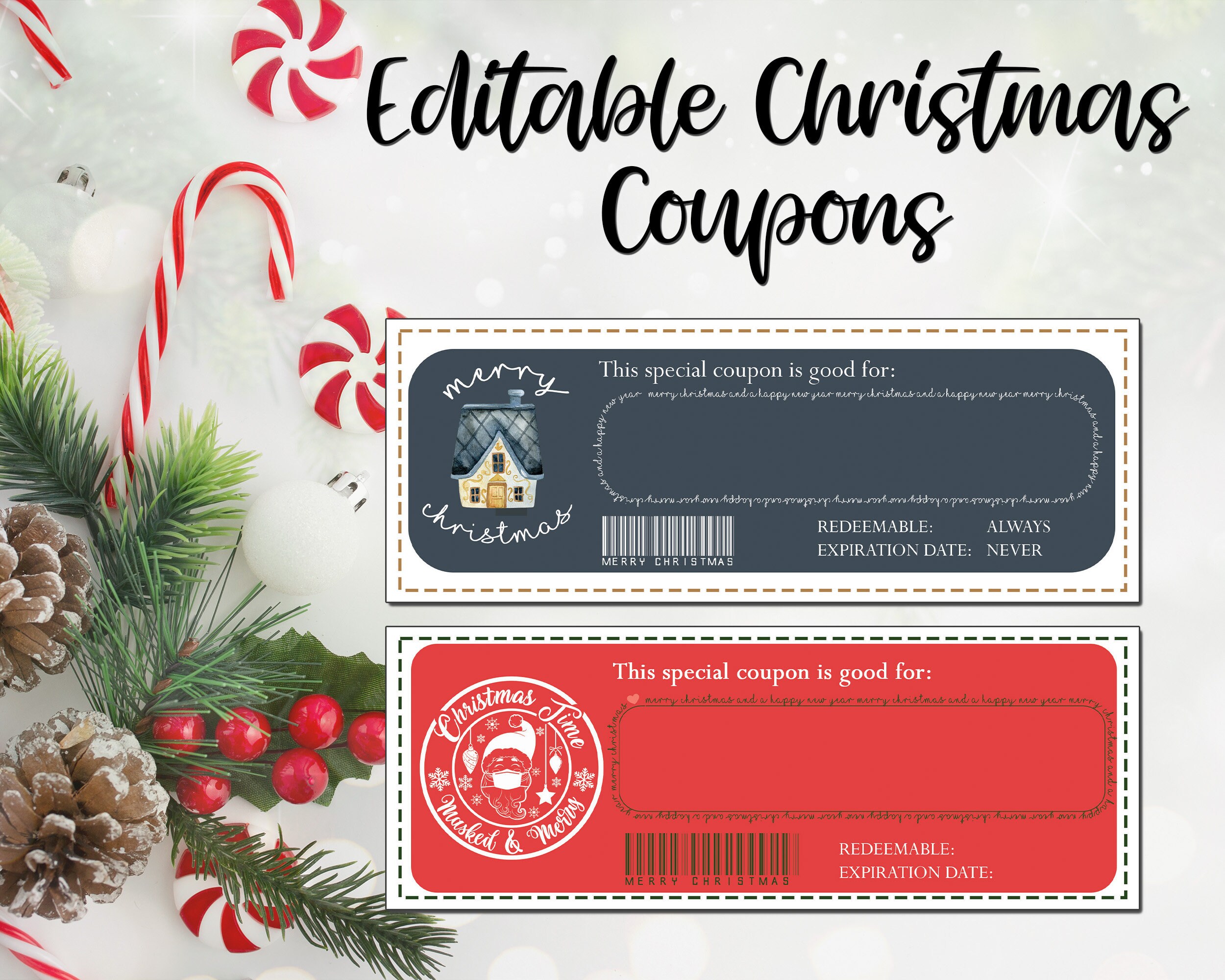 Cupones de Navidad editables, Regalo de vales de Navidad imprimibles ...