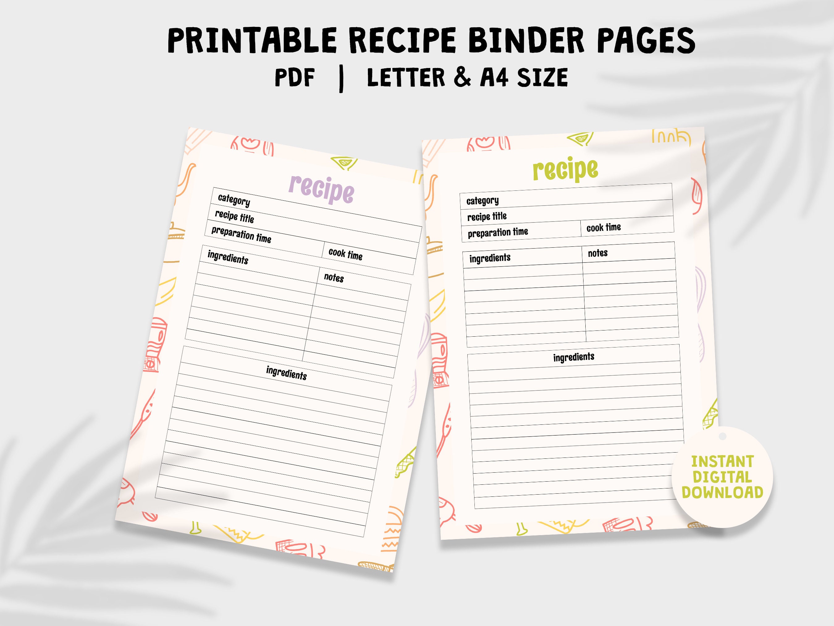 Printable Recipe Binder Pages Recipe Book Template Printable - Etsy