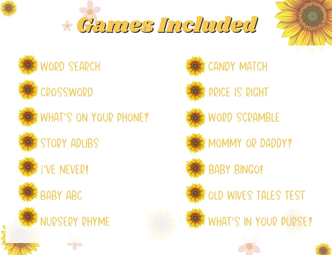 Sunflower Baby Shower Games Baby Shower Printable Games PDF - Etsy Canada