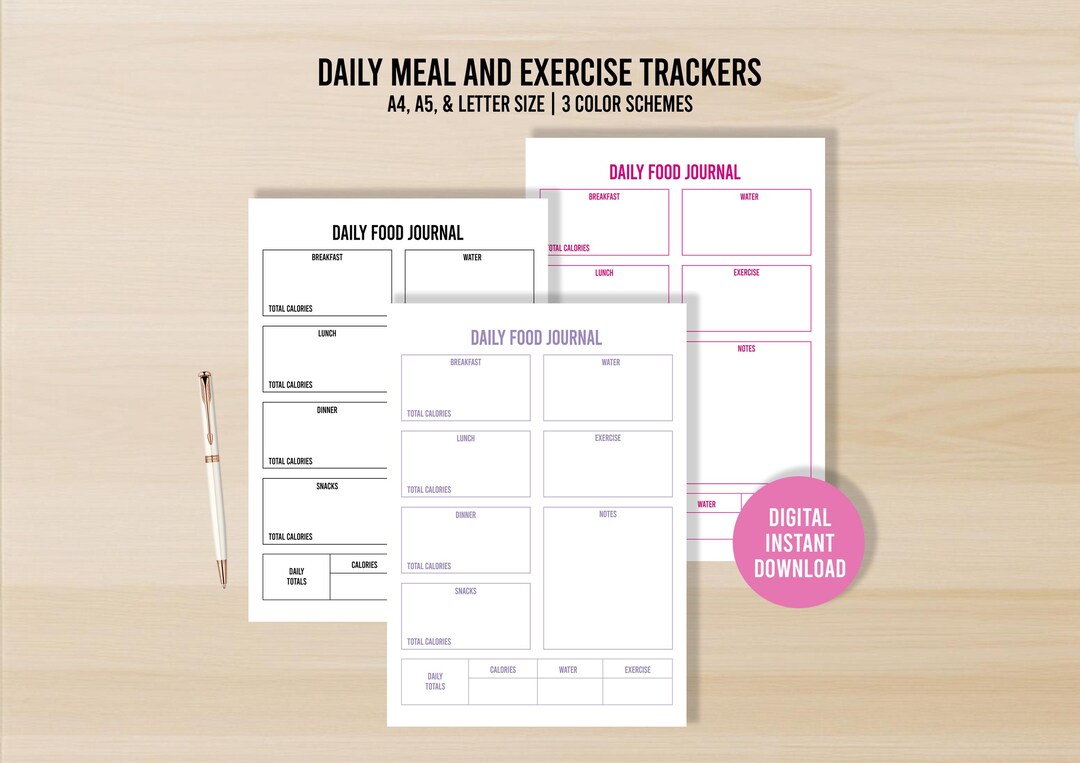 Daily Meal and Exercise Tracker, Printable Meal Planner, Fitness ...