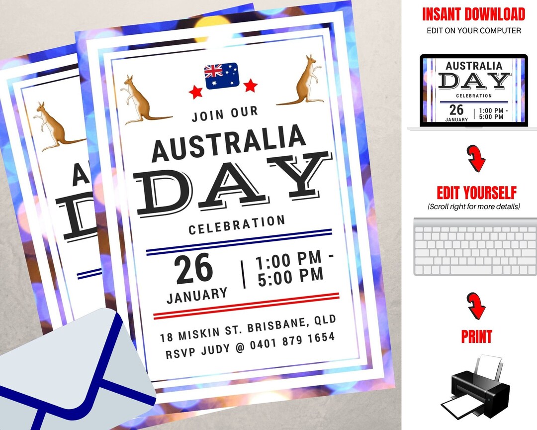 Australia Day Invitation, Australia Day Invite, Editable Australia Day ...