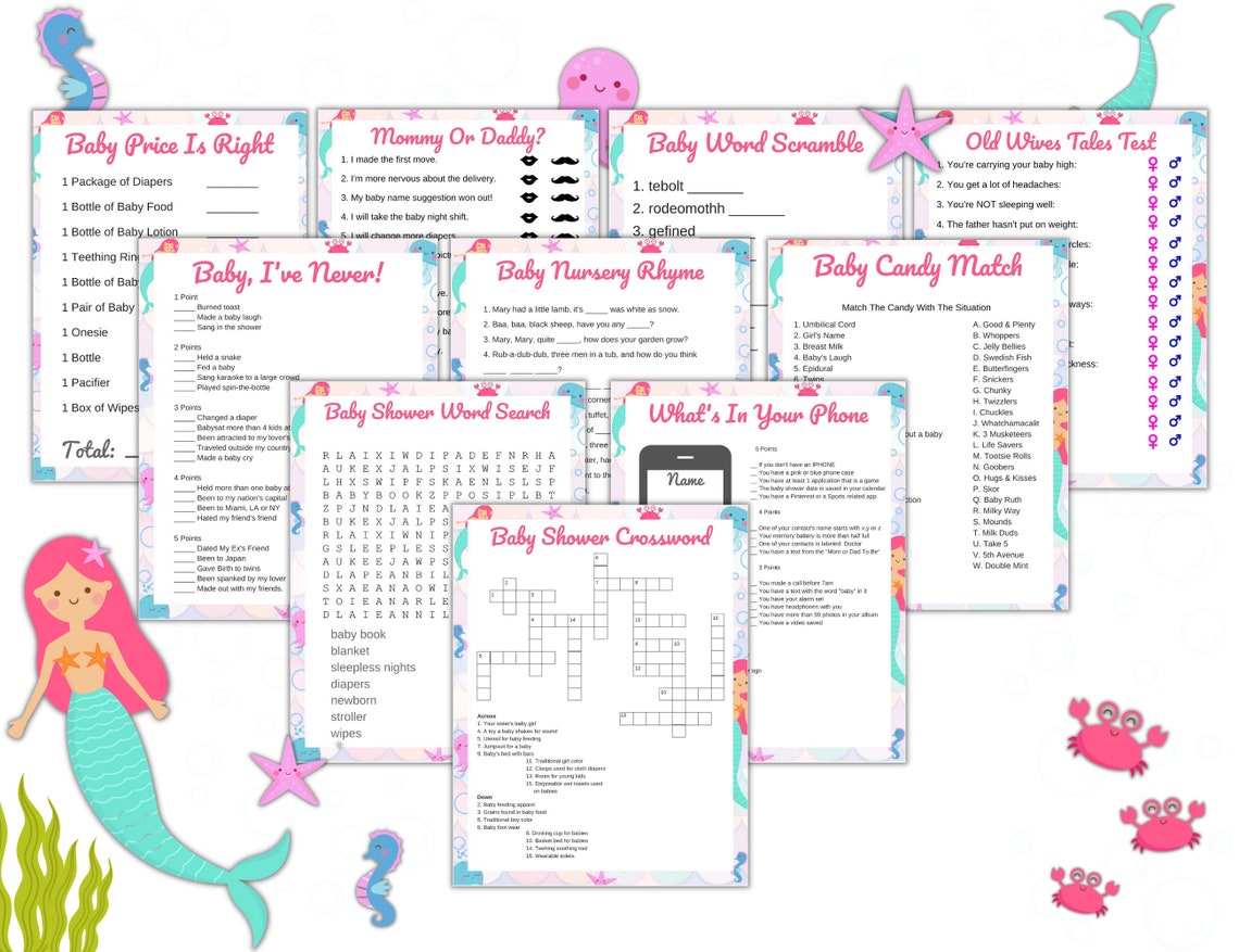 Mermaid Baby Shower Games, Baby Shower Printable Games, PDF Download - Etsy
