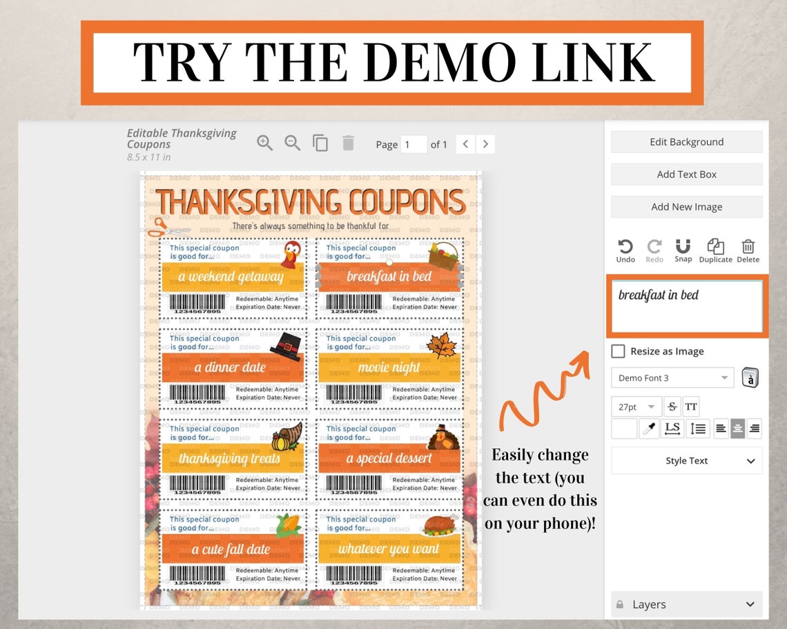 Editable Thanksgiving Coupons, Thanksgiving Gift Coupons, Thanksgiving ...