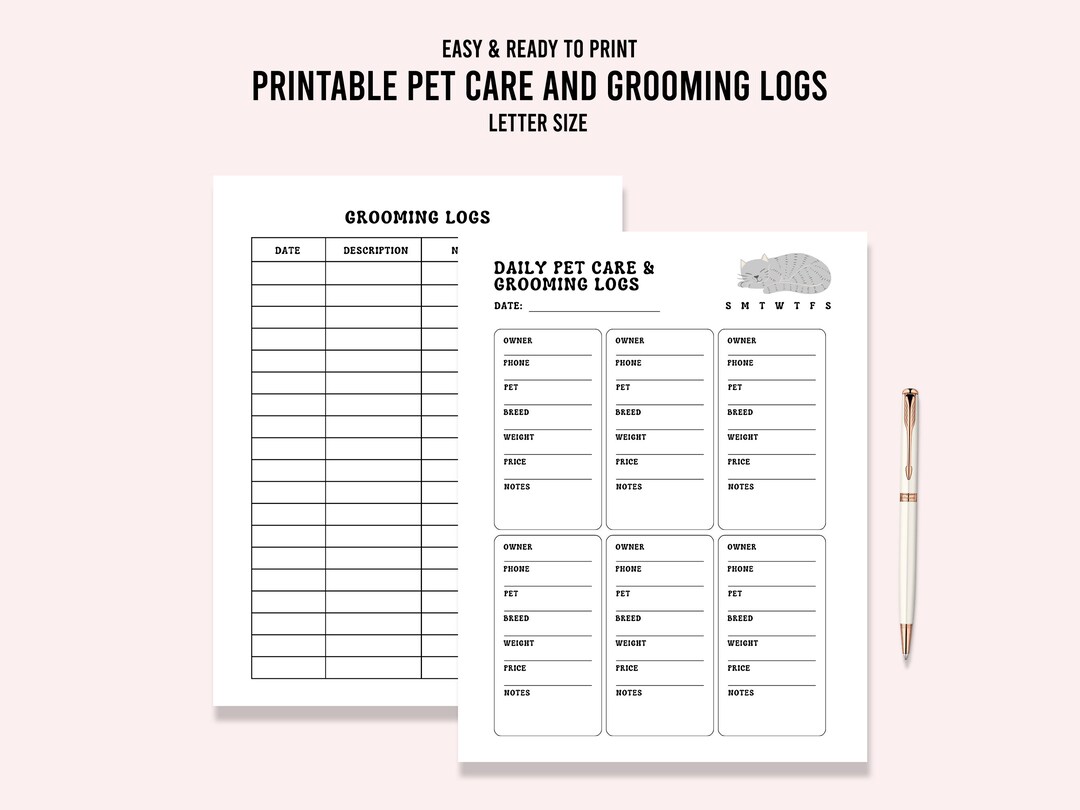 Printable Pet Care and Grooming Logs, Pet Record, Pet Care Planner ...
