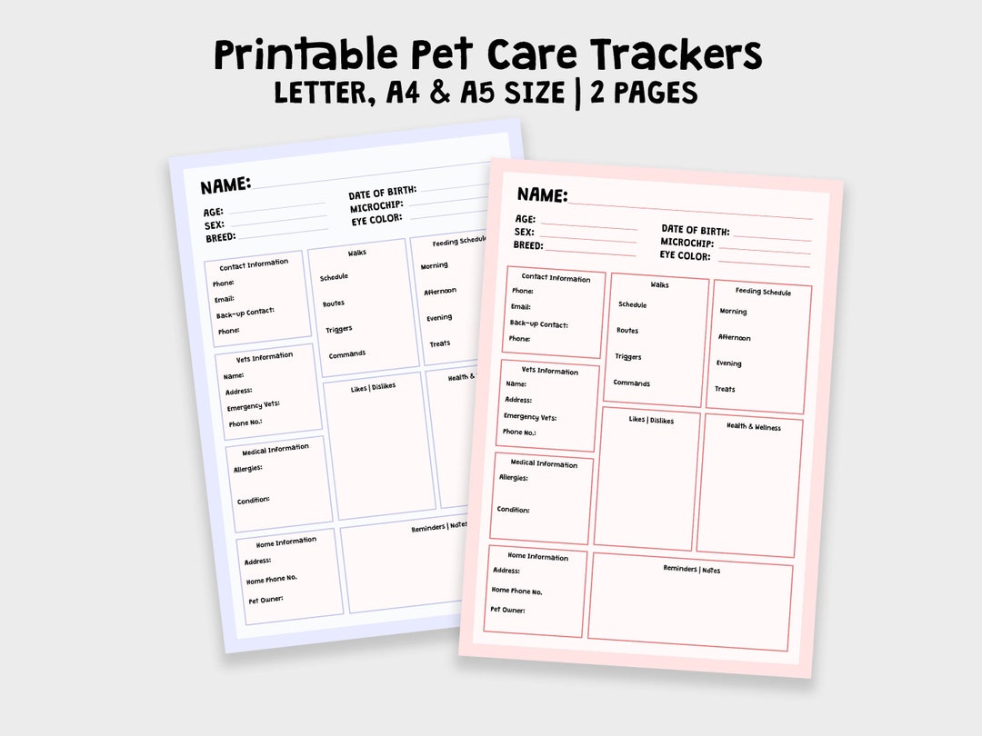 Printable Pet Care Trackers, Dog Car Planner, Pet Health Records ...