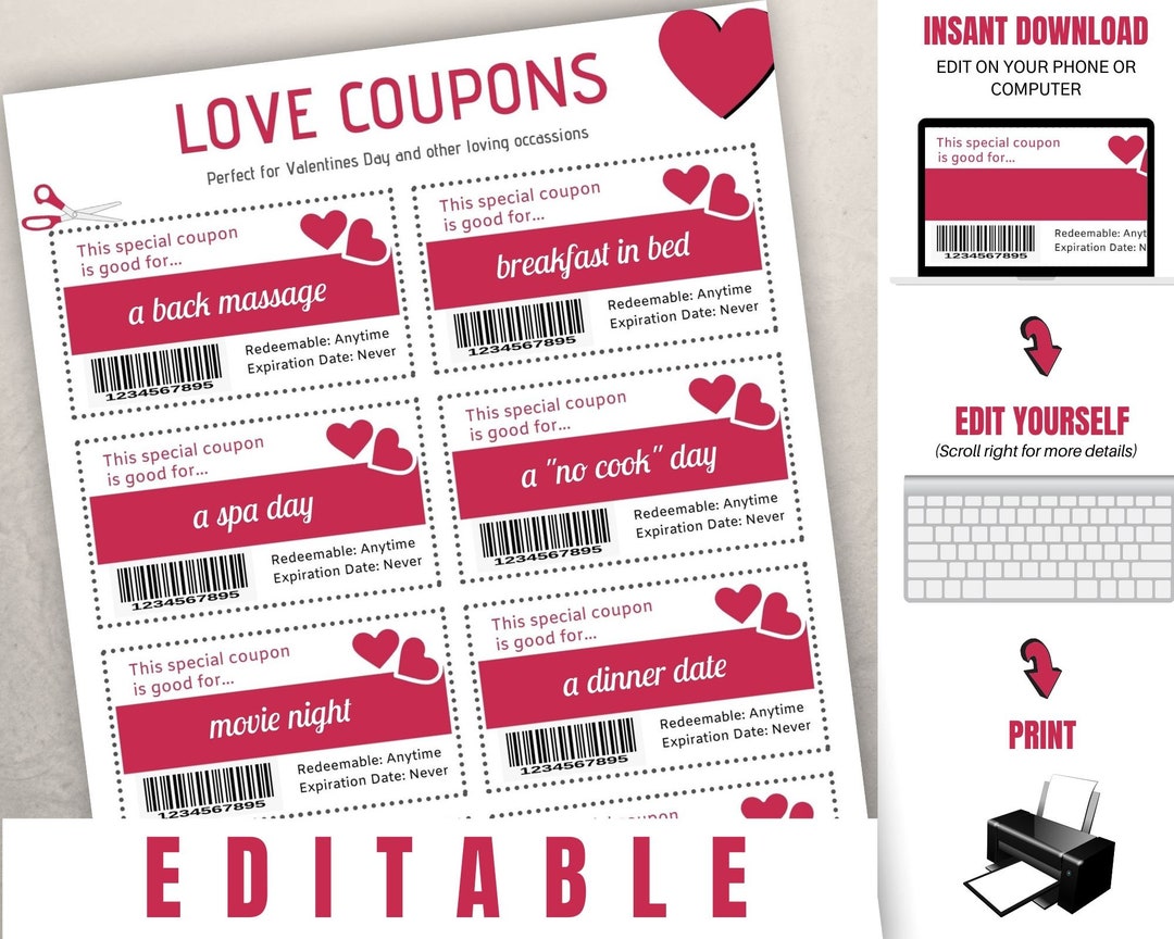 Editable Love Coupons, Valentines Day Coupons, Valentines Day Gift ...