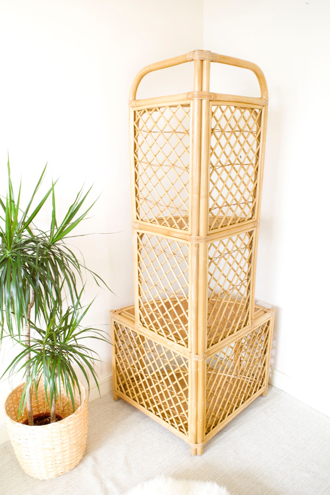 RARE Bamboo Corner Shelving Unit / Cane Shelves / Wicker Plant | Etsy
