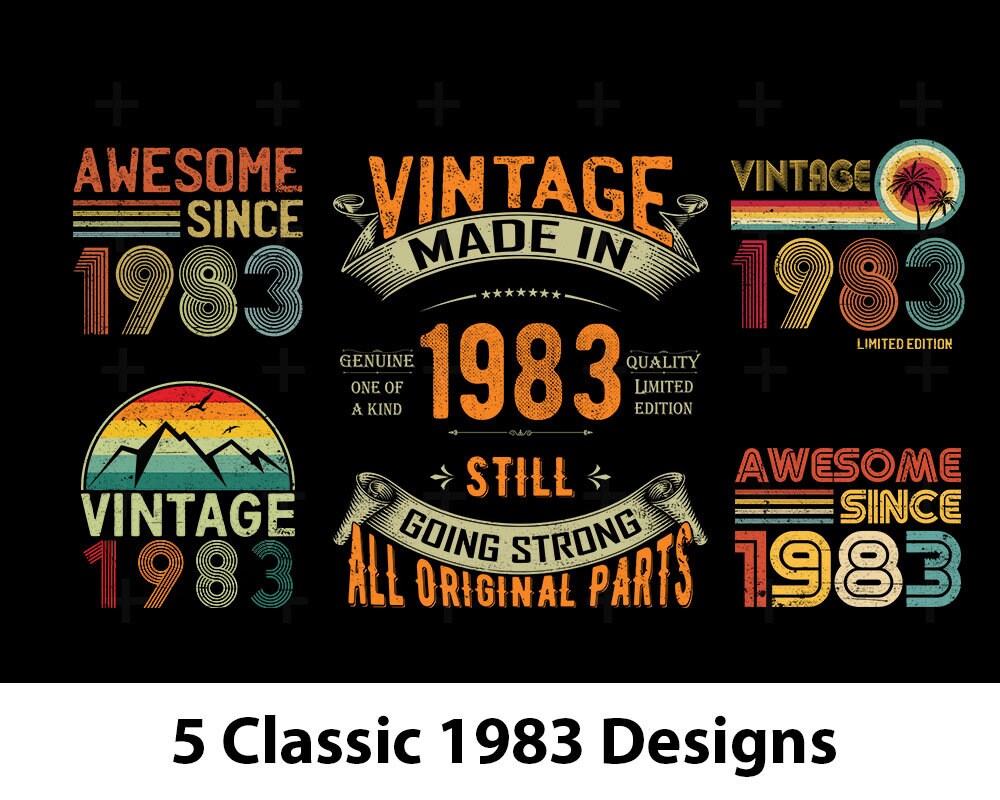 Vintage 1983 T-shirt Design Bundle Set of 5 PNG Files 40th Birthday 40 ...