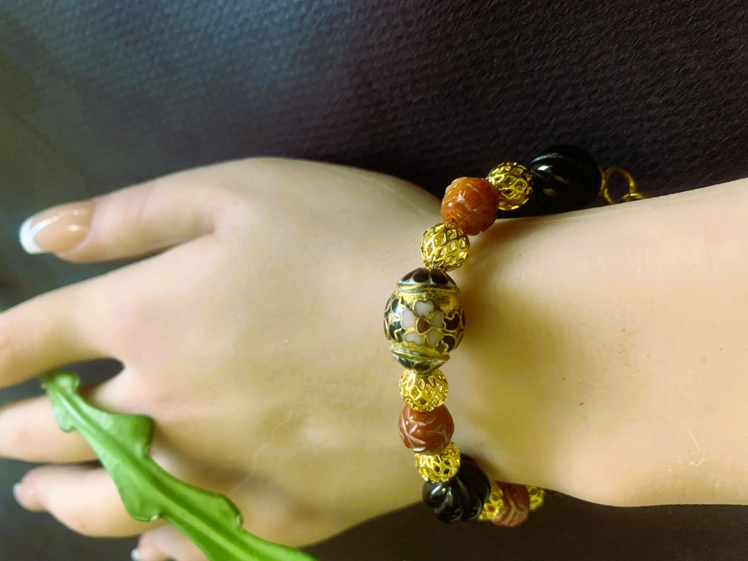 Boho Vintage Chinese Shou Cloisonne Gemstone Bracelet, Chunky Longevity ...