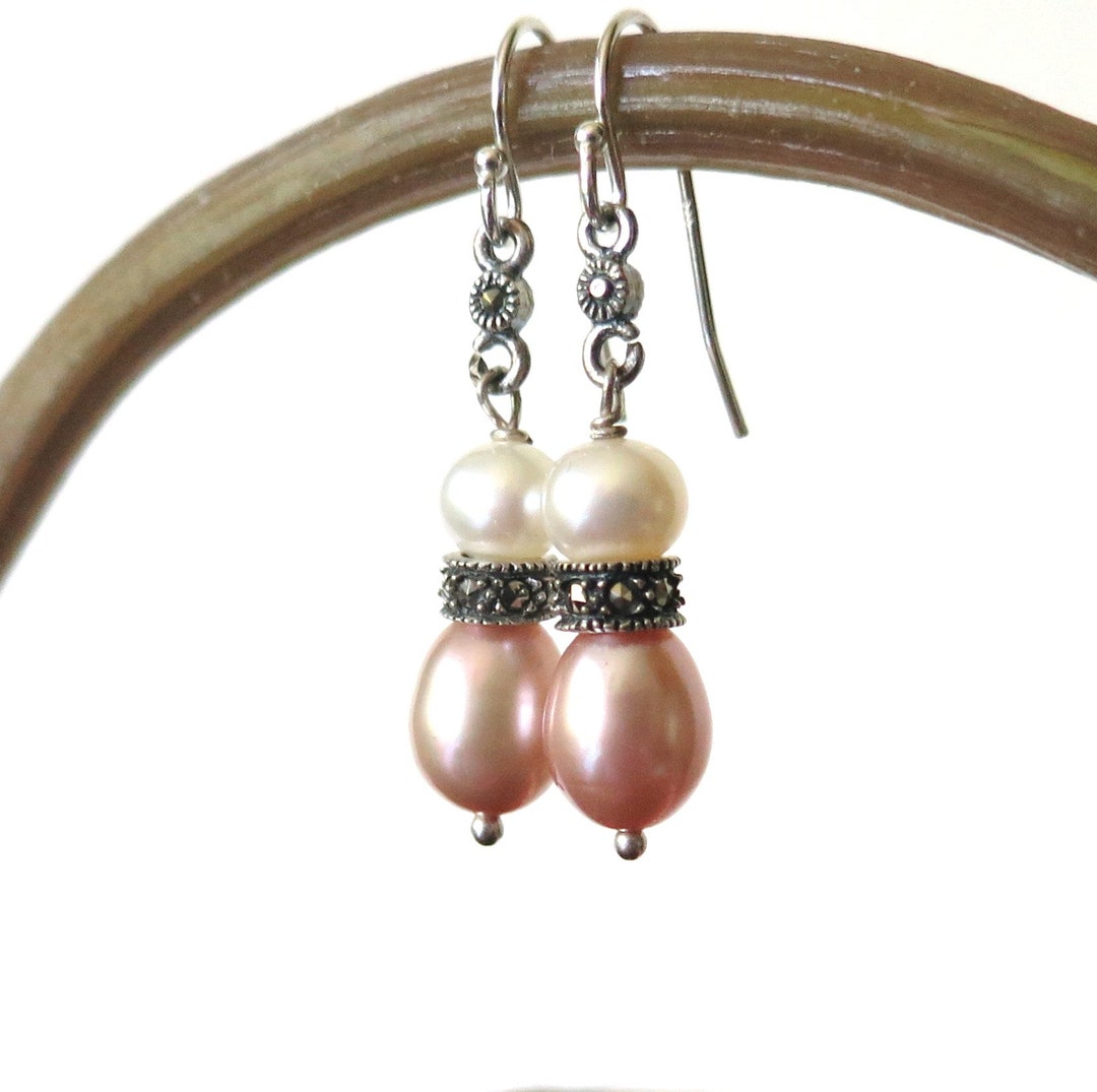 Vintage Unused Smithsonian Pink Pearl Sterling Marcasite Earrings ...