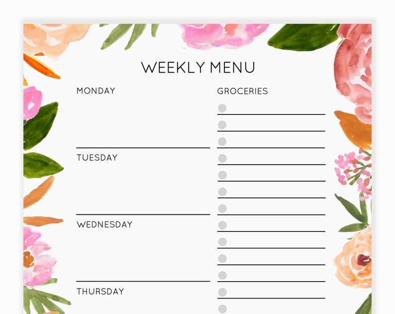 Weekly Meal Planner Notepad Pink Floral Menu Planner Pad | Etsy