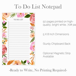 Pink Floral Daily to Do List Notepad | Pink Flowers Desk Planner With ...