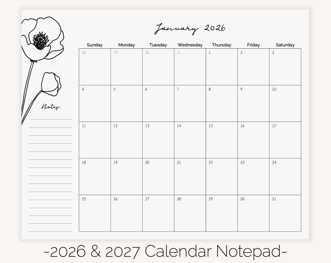 Summer Poppy Calendar Notepad, Magnetic Calendar for Fridge, 2026 Desk ...