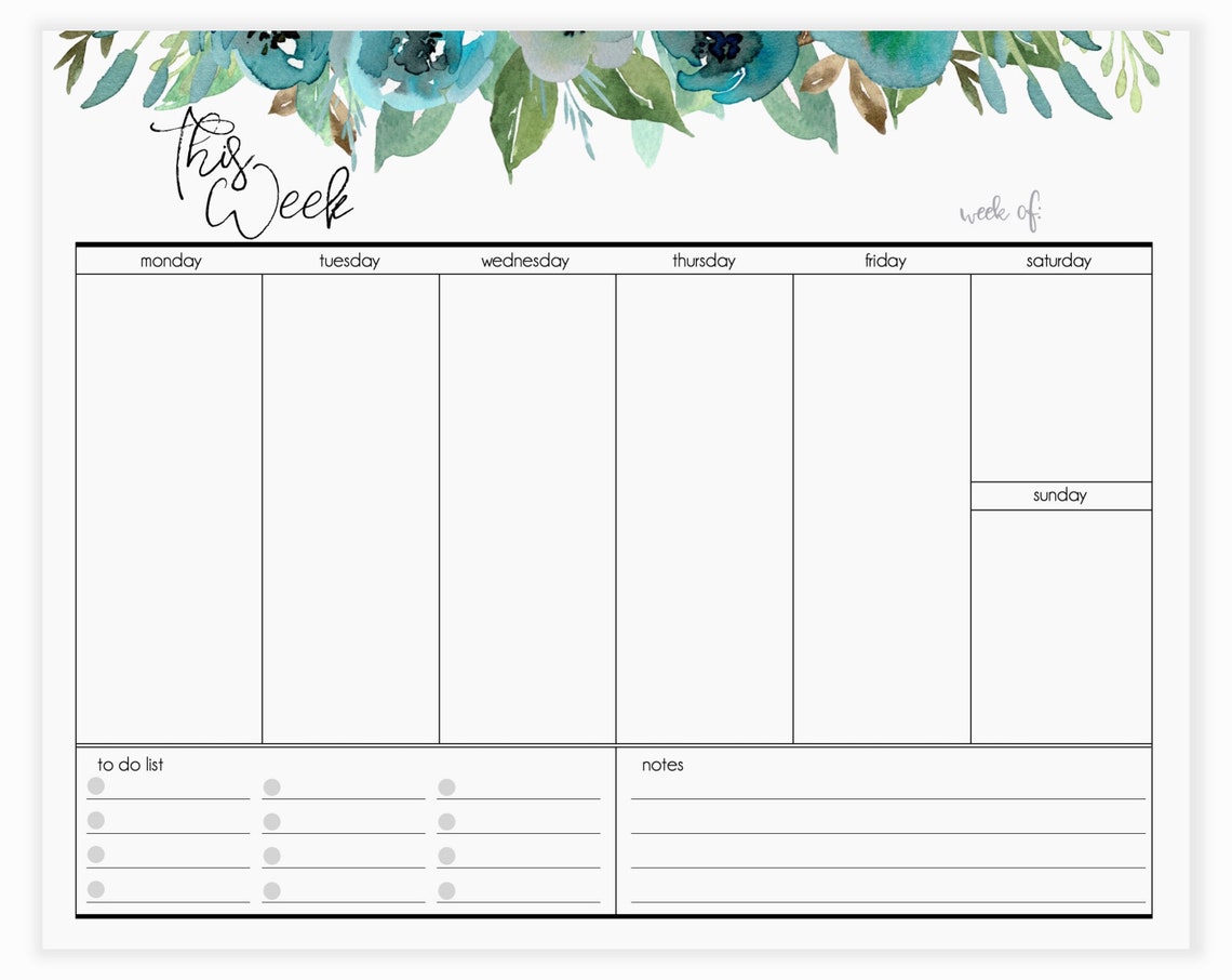 Weekly Planner Pad Blue Floral Weekly Desktop Planner Day - Etsy